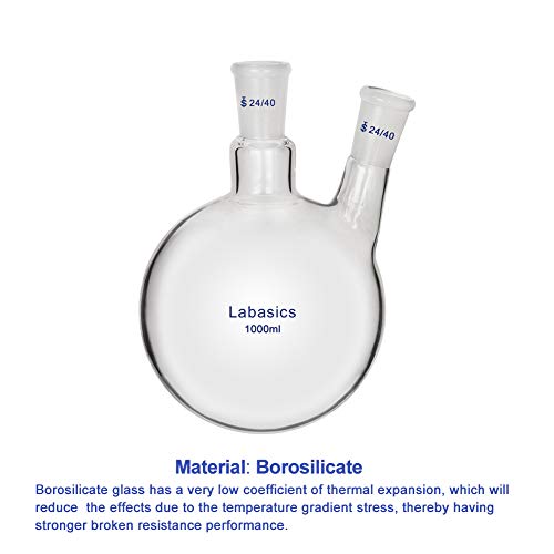 Labasics Glass 1000ml 2 Neck Round Bottom Flask RBF, with 24/40 Center and Side Standard Taper Outer Joint, 1000ml