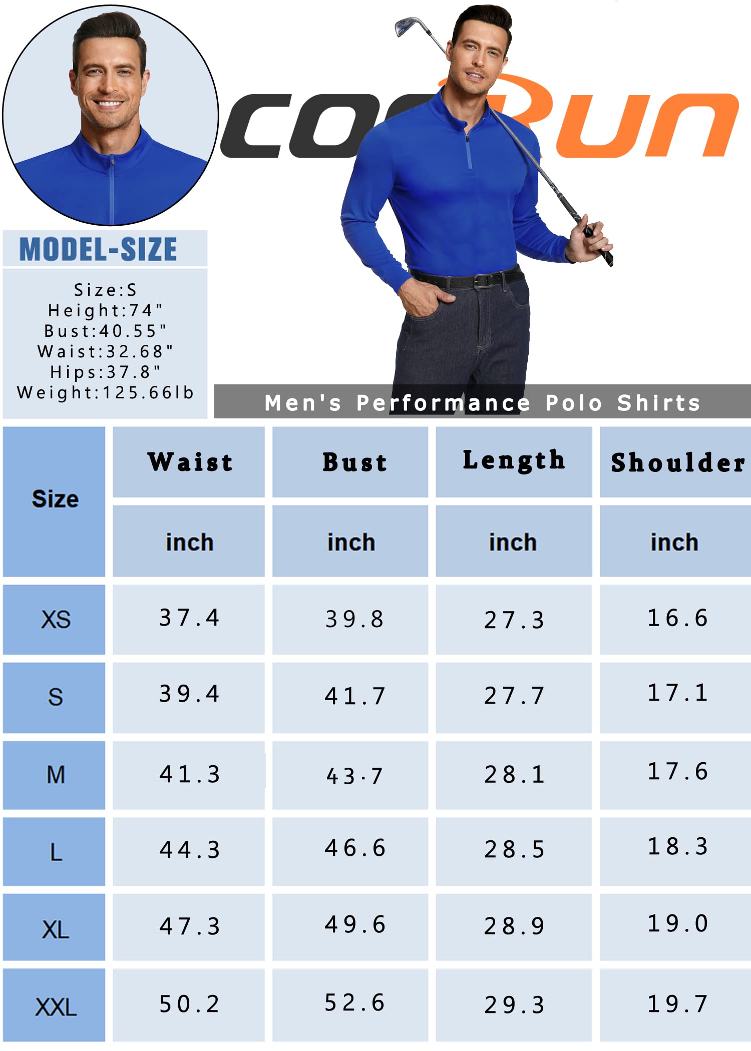 COOrun Men's Golf Shirts Long Sleeve Shirts Sports Polo Shirts Athletic Jersey Shirts 1/4-Zip Pullover Blue L