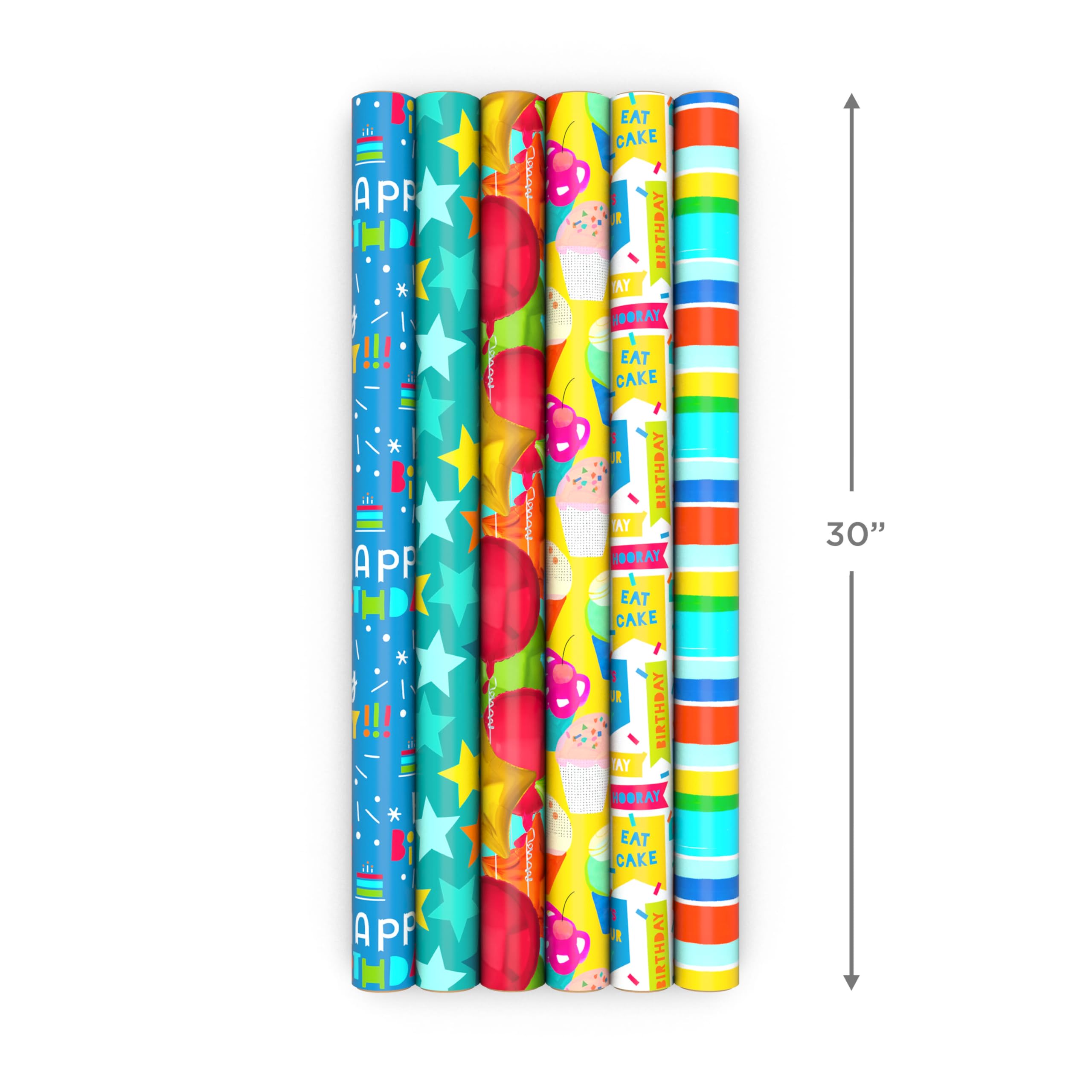Hallmark Birthday Wrapping Paper Rolls - Stars, Stripes, Balloons, Cupcakes, Happy Birthday Gift Wrap Paper (Set of 6 Rolls: 180 sq. ft. ttl.)