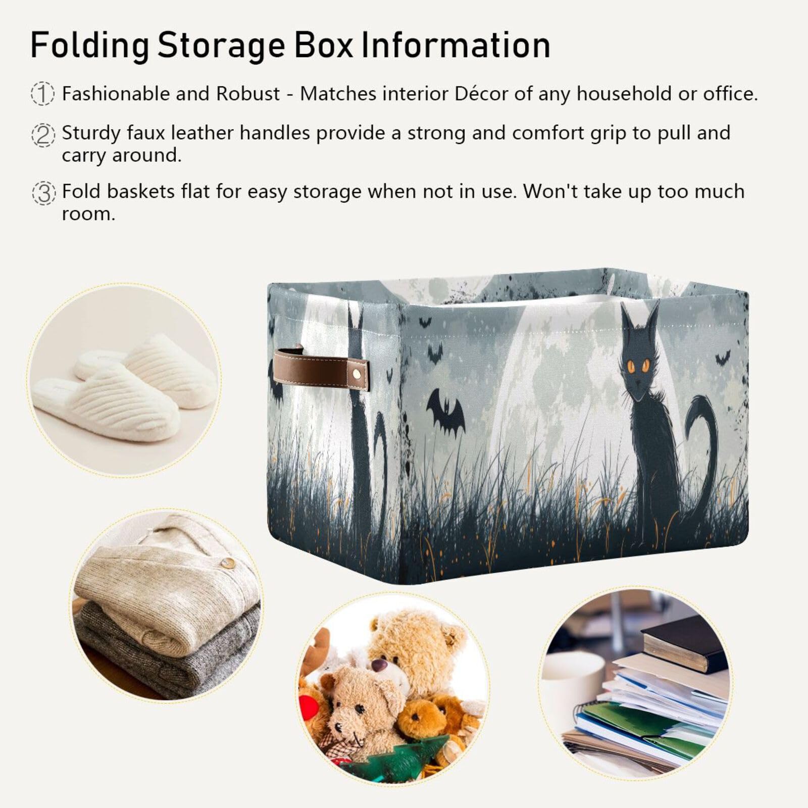 GOODOLD Spooky Black Cat Shelf Storage Baskets, Foldable Fabric Storage Bins with Leather Handles for Closet, Home, Bedroom, Nursery, Office Organizers (1 Pack)