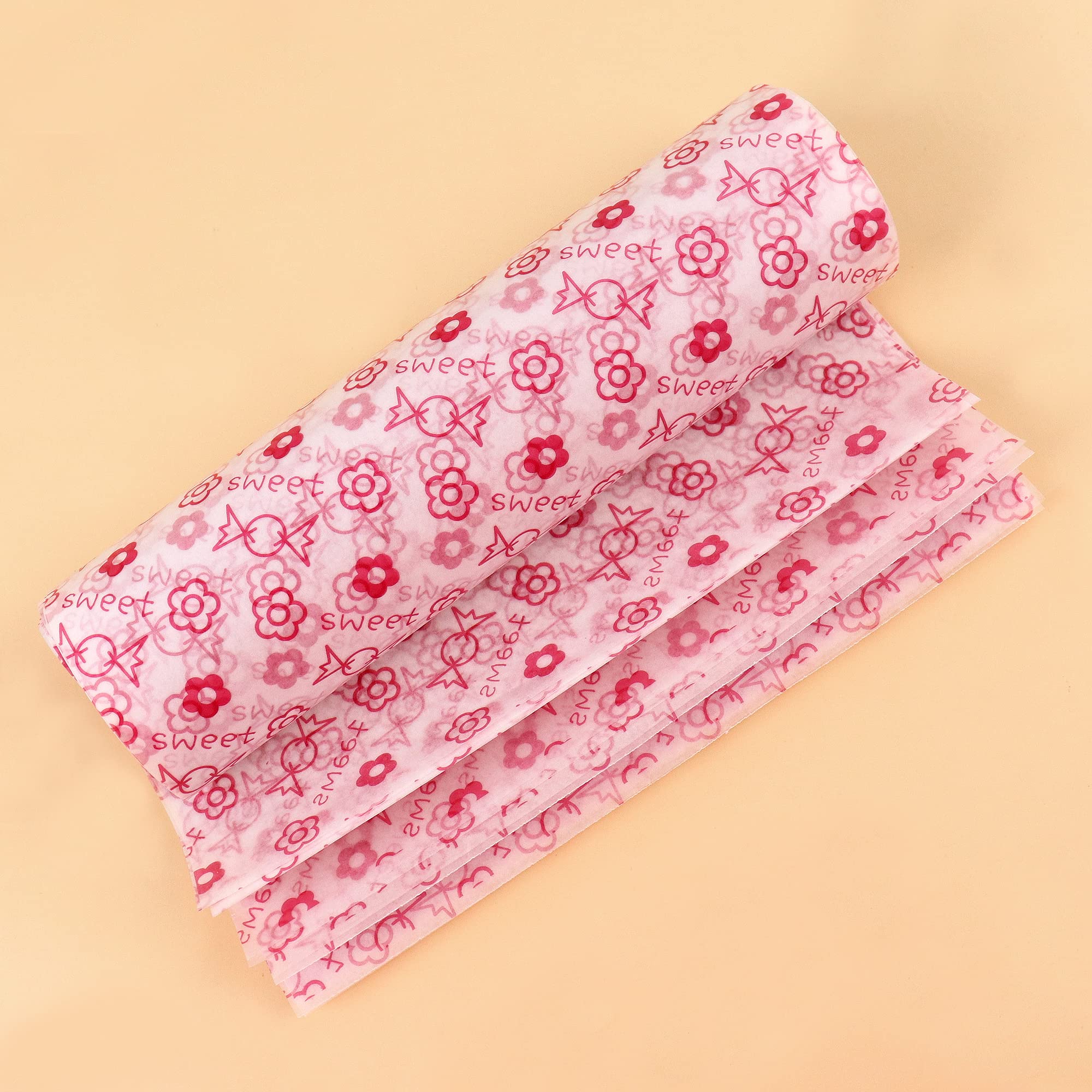Cyodoos 150 Sheets Wax Paper Greaseproof Waterproof Wrapping Tissue Food Picnic Paper Dry Hamburger Paper Liners For Food Basket Liner (Candy Flower Pattern)