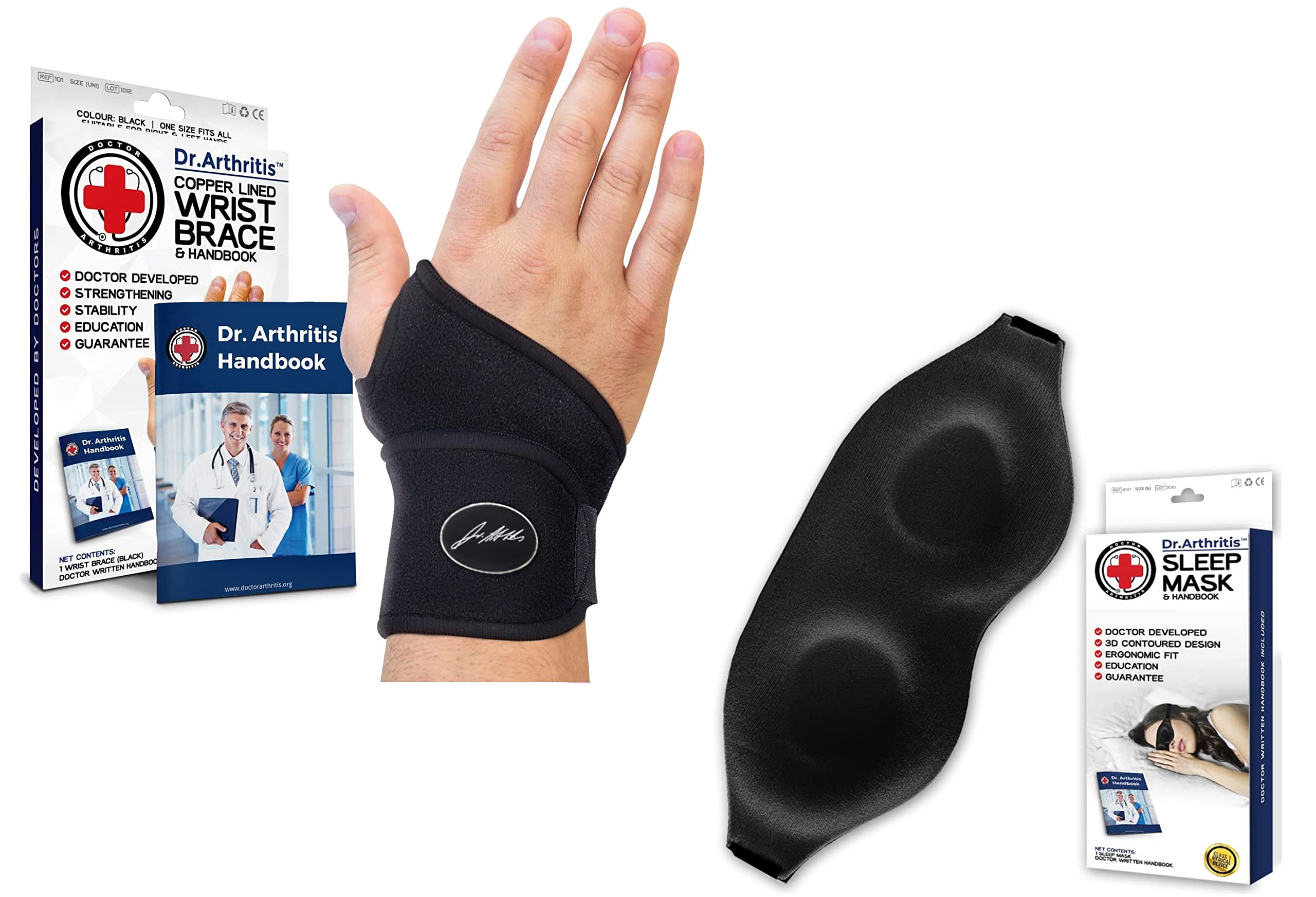 Dr. Arthritis Doctor Developed Copper Wrist Brace BUNDLE WITH Doctor Developed Black Sleep Eye Mask, Sleeping Masks for Women & Men