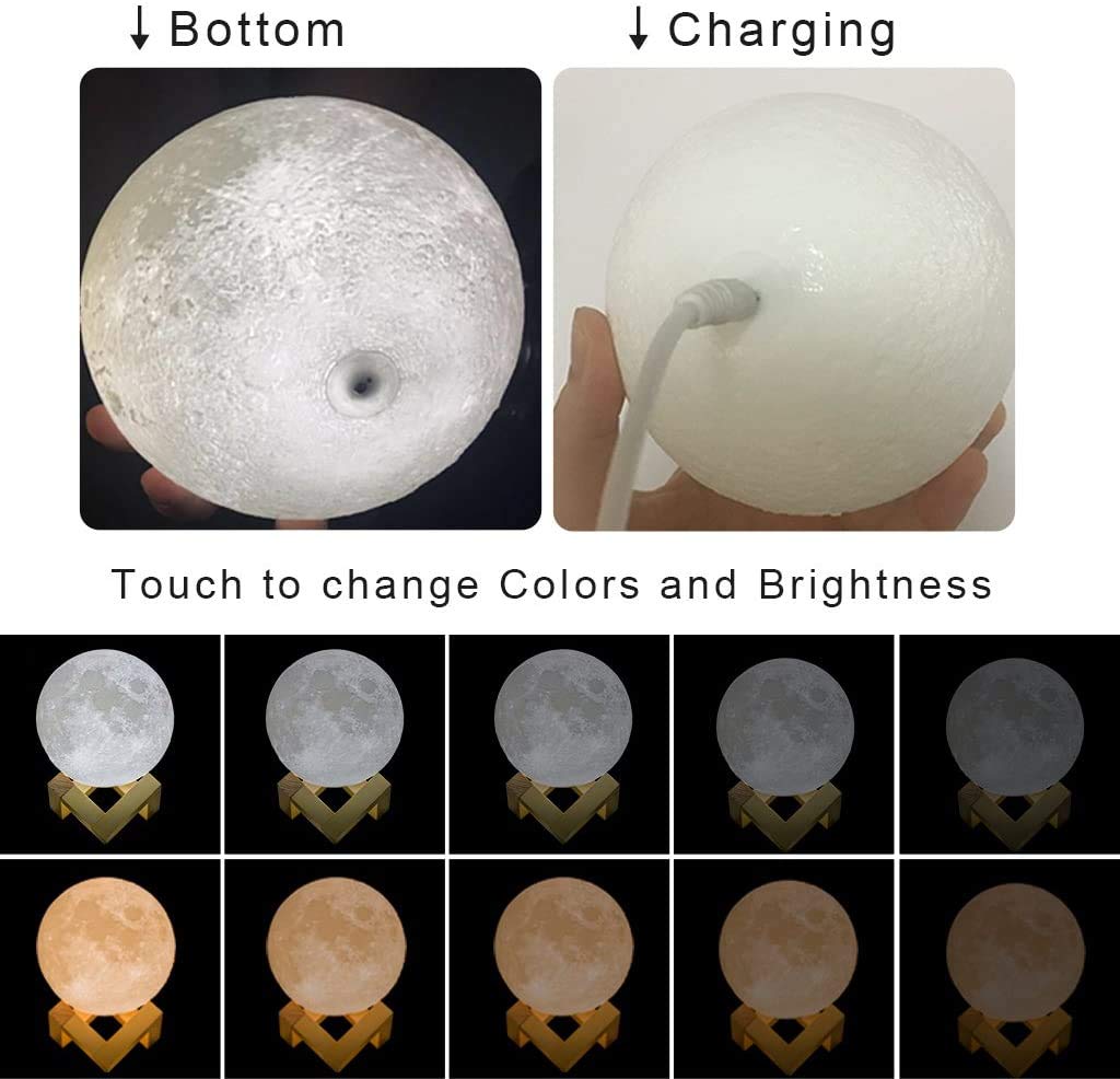 Mydethun 3D Moon Lamp with 5.9 Inch Wooden Base - Christmas Day Gift, LED Night Light, Mood Lighting with Touch Control Brightness for Home Décor, Bedroom, Women Kids Moonlight - White & Yellow