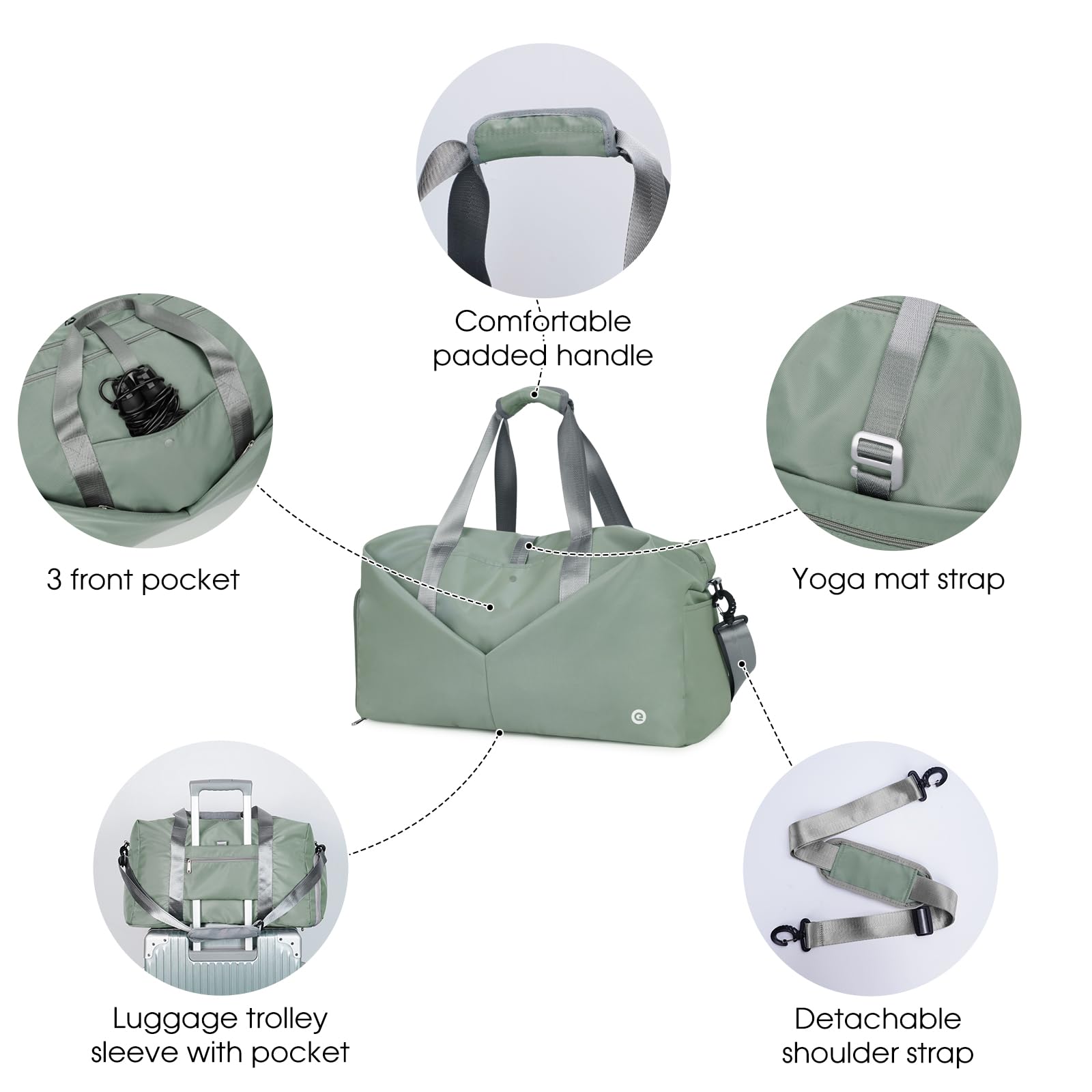 Ceneda 20" Gym Duffel Bag with Wet Pocket Shoes Compartment Portable Overnight Weekender Bag Travel bag Yoga Bag for Women (Celadon)