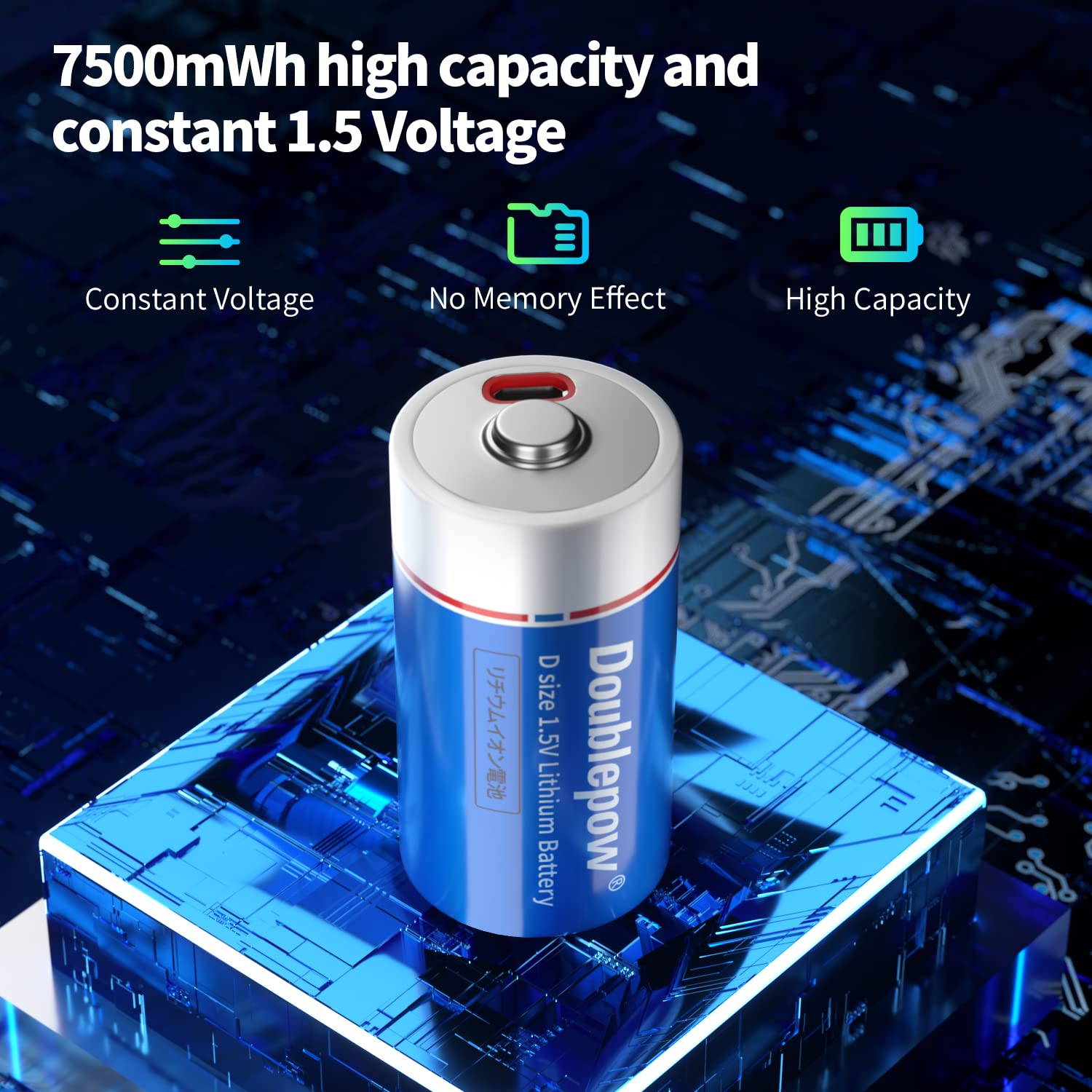 Doublepow Rechargeable D Batteries,Lithium D Batteries with USB-C Port,7500mWh 1.5V D Li-ion Cell Battery,Lr20 D Size Battery,D Battery for Flashlight/Floodlight, 4 Pack