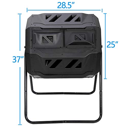 JupiterForce Dual Chambers Rotating Composting Bins, Outdoor Recycling Tumbling Composters with 2 Sliding Doors for All-Season, Garden, Yard Waste, Black(43 Gallons)
