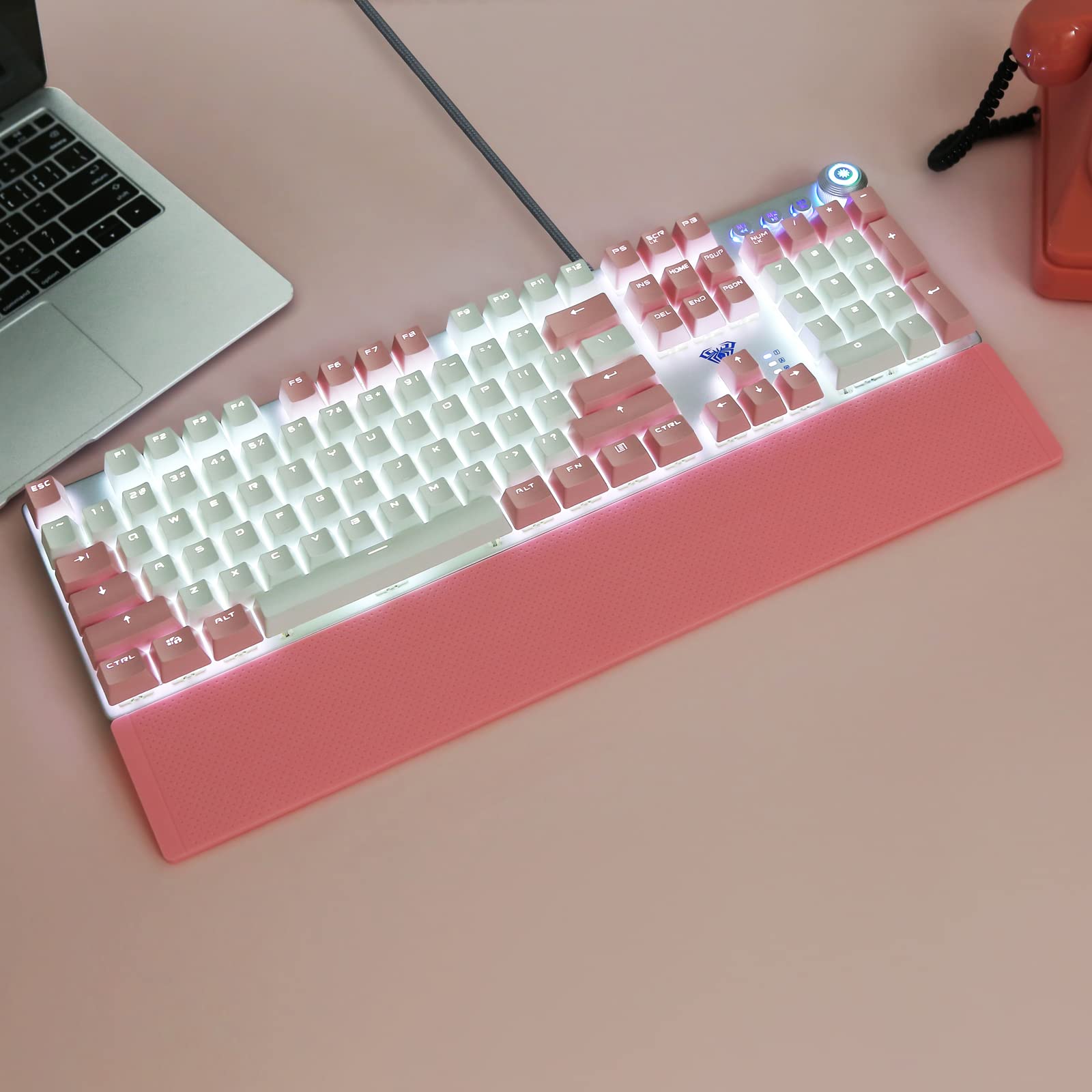 CCTECH Mechanical Gaming Keyboard,USB Wired,Magnetic Wrist Rest,Pure White Backlight Classic Keycaps,for Gaming,Office and Home,Dedicated Media Keys. (Pink)