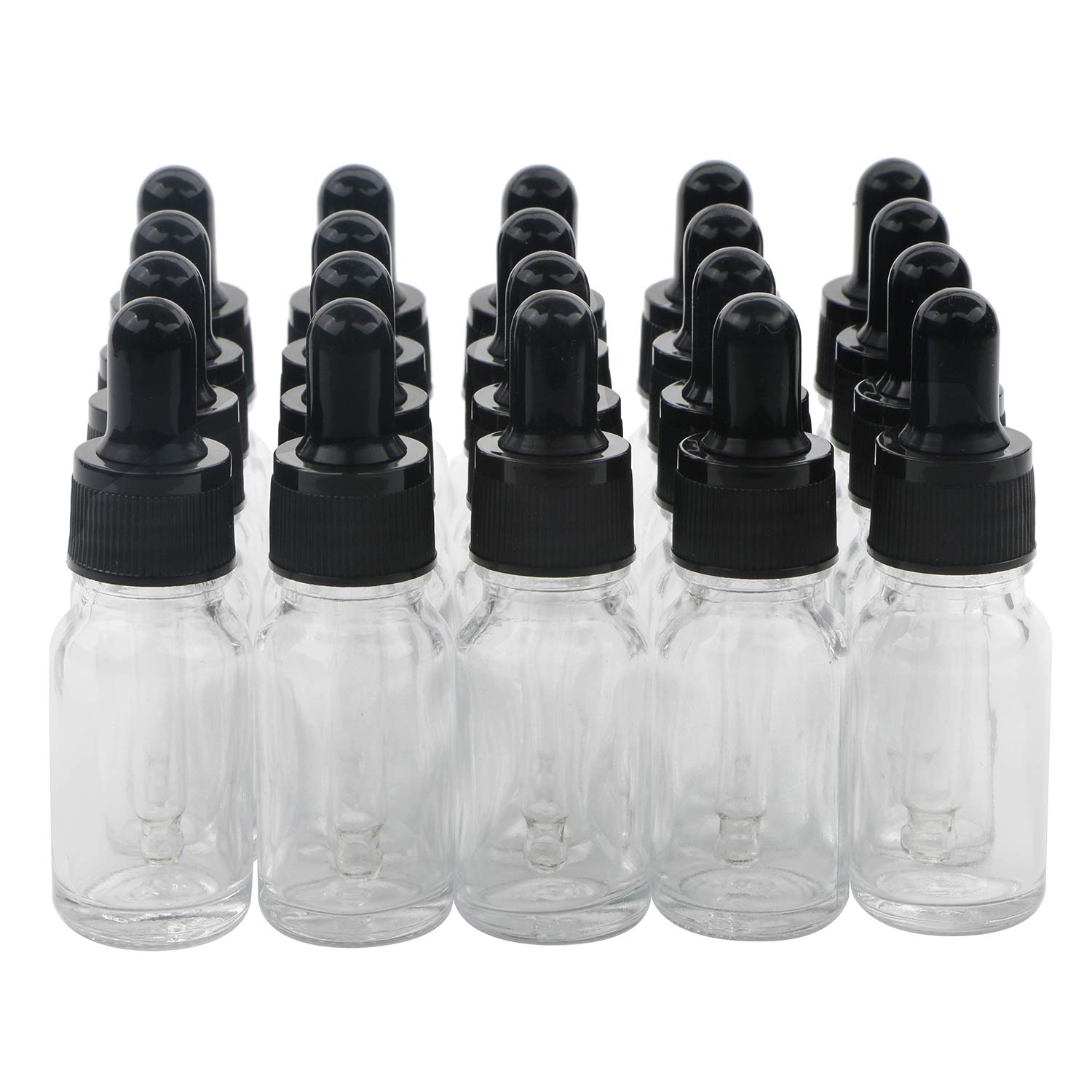 Kesell Glass Bottles for Essential Oils - 10ml Refillable Empty Transparent/Clear Bottle with Glass Dropper and Black Cap, Pack of 20