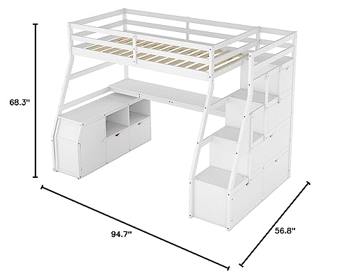Merax Loft Bed Twin Size, Wooden Frame with Desk and Storage, Space-Saving Design with Convenient Multi-Drawers & Cabinet, for Teens Adults (White)