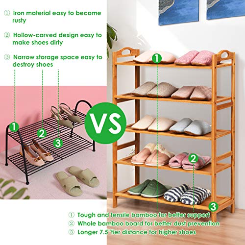 Giantex Bamboo Shoe Rack 5 Tier, Freestanding Shoe Rack with Two Rounded Handle for 15 Pairs, Entryway Standing Shoe Storage Organizer for Kitchen, Living Room, Entryway (5-Tier)