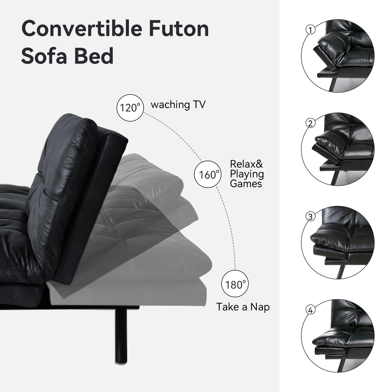 Erdoru Convertible Memory Foam Futon Sofa Bed Couch,Faux Leather Futon Sofa Couch,Sleeper Futons Sofa Bed,Small Splitback Modern Loveseat Sofa Bed for Living Room,Office,Apartment,Bright Black