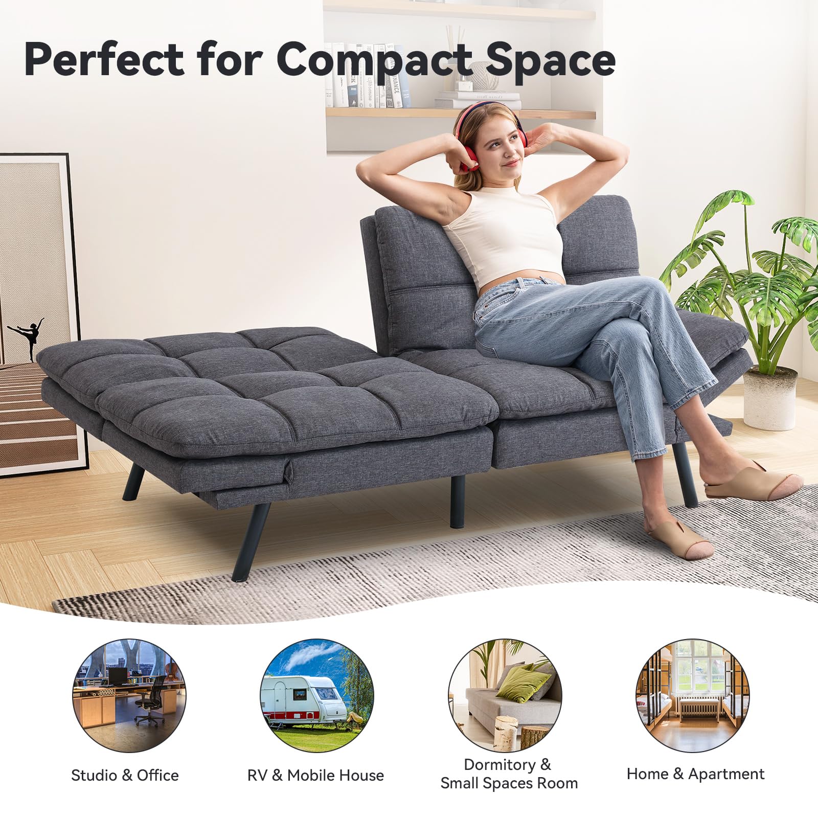Erdoru Convertible Memory Foam Futon Sofa Bed Couch,Linen Fabric Futon Sofa Couch,Sleeper Futons Sofa Bed,Small Splitback Modern Loveseat Sofa Bed for Living Room,Office,Apartment,Dark Grey