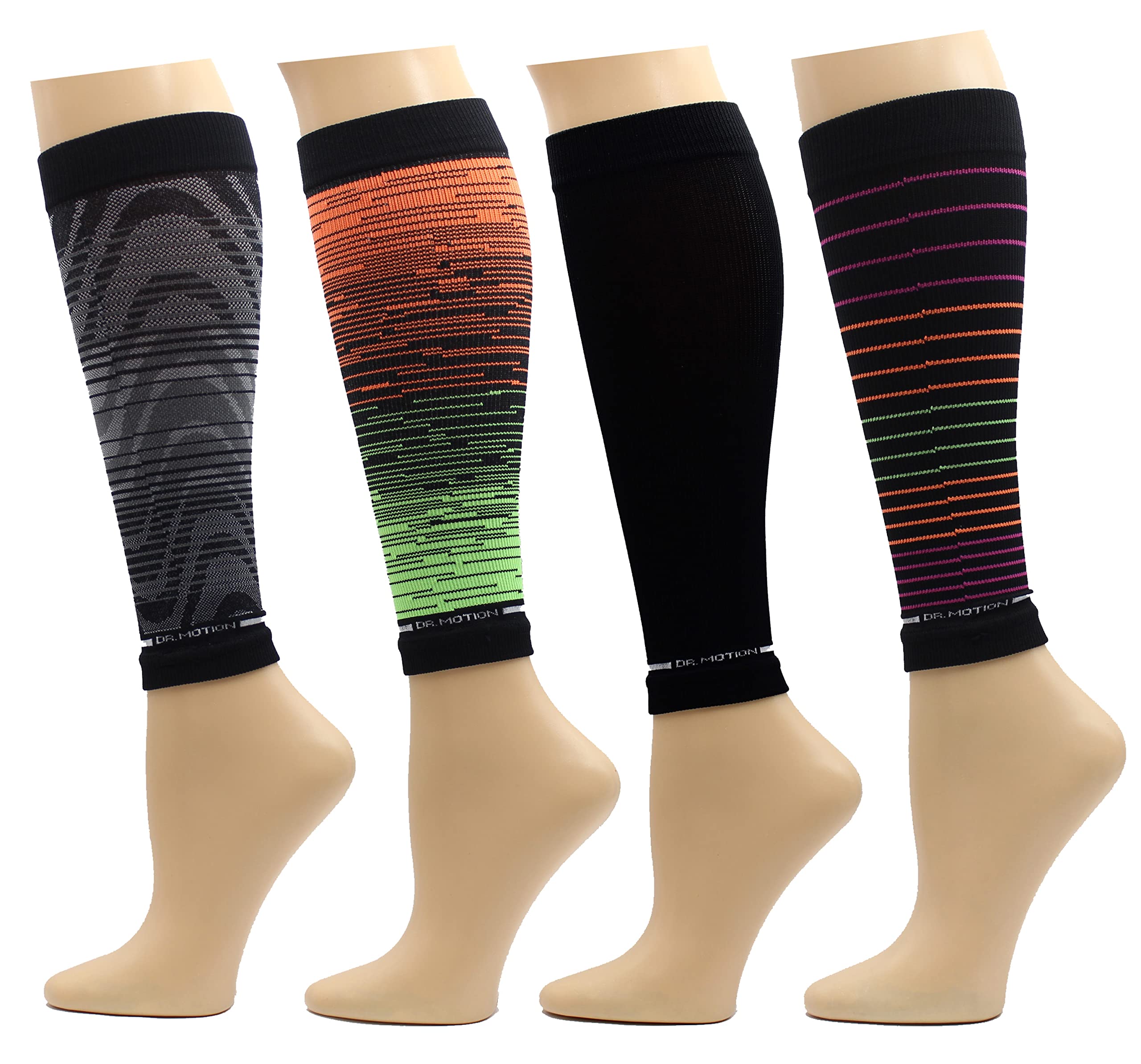 Dr. Motion 4 Pairs Calf Compression Sleeves For Men & Women, Leg Sports Compression Sleeve, Footless Compression Socks (Stripes/Black, S/M)
