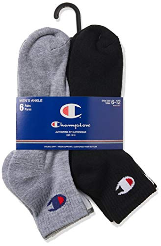 Champion Men's Double Dry Moisture Wicking Ankle Socks 6, 8, 12 Packs Availabe, White/Grey/Black-6 Pack, 6-12