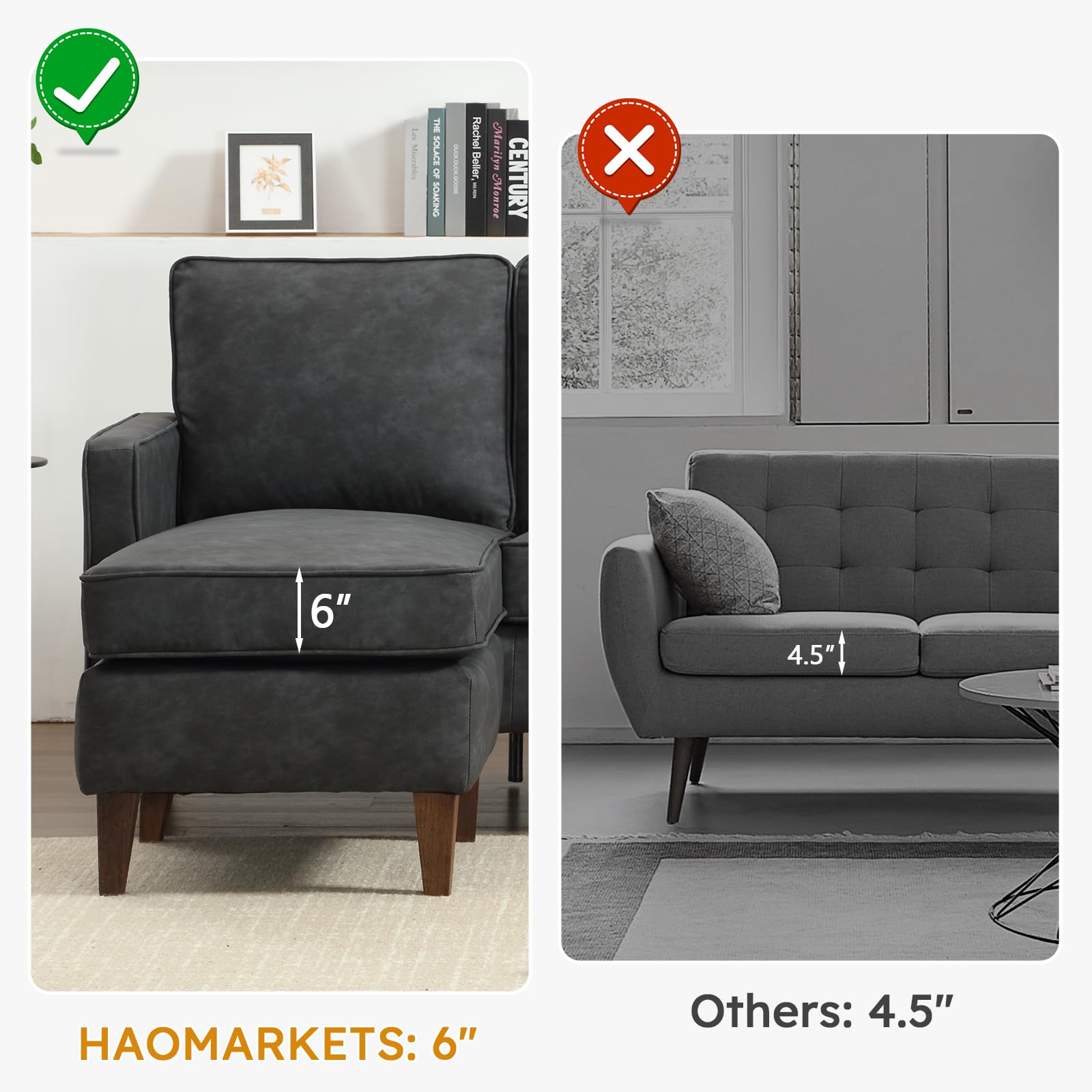 HAOMARKETS Sectional Couches for Living Room, L Shaped Couch with Solid Wood Feet, Faux Leather 3 Seats Sofa with Reversible Chaise for Apartment Small Spaces, Brown