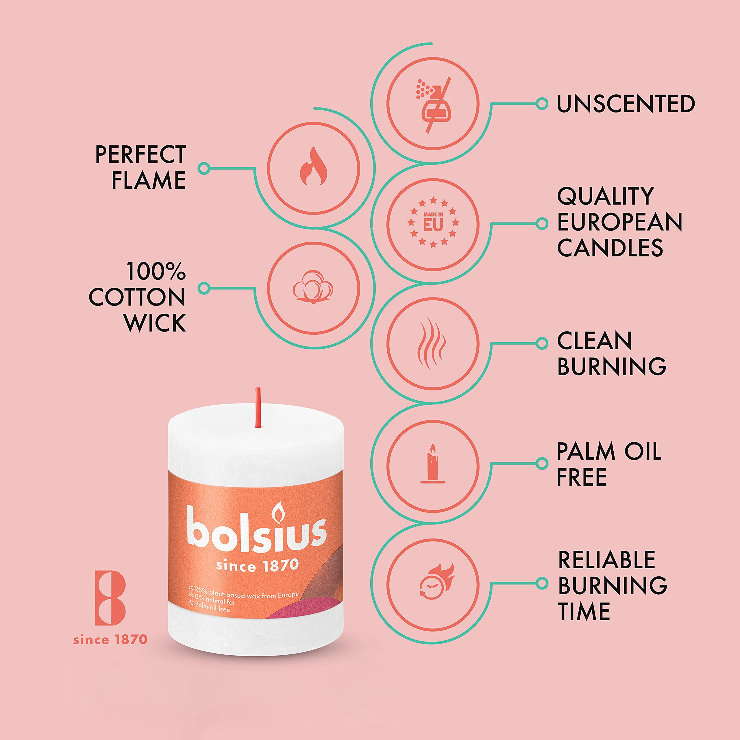 BOLSIUS Soft Pink Rustic Pillar Candles 6 Pack Bulk - 2.75 x 3.25 Inches - 30 Hours Burn Time - Premium European Quality - Smooth And Smokeless Flame - Unscented Dripless Wedding & Party Décor Candles