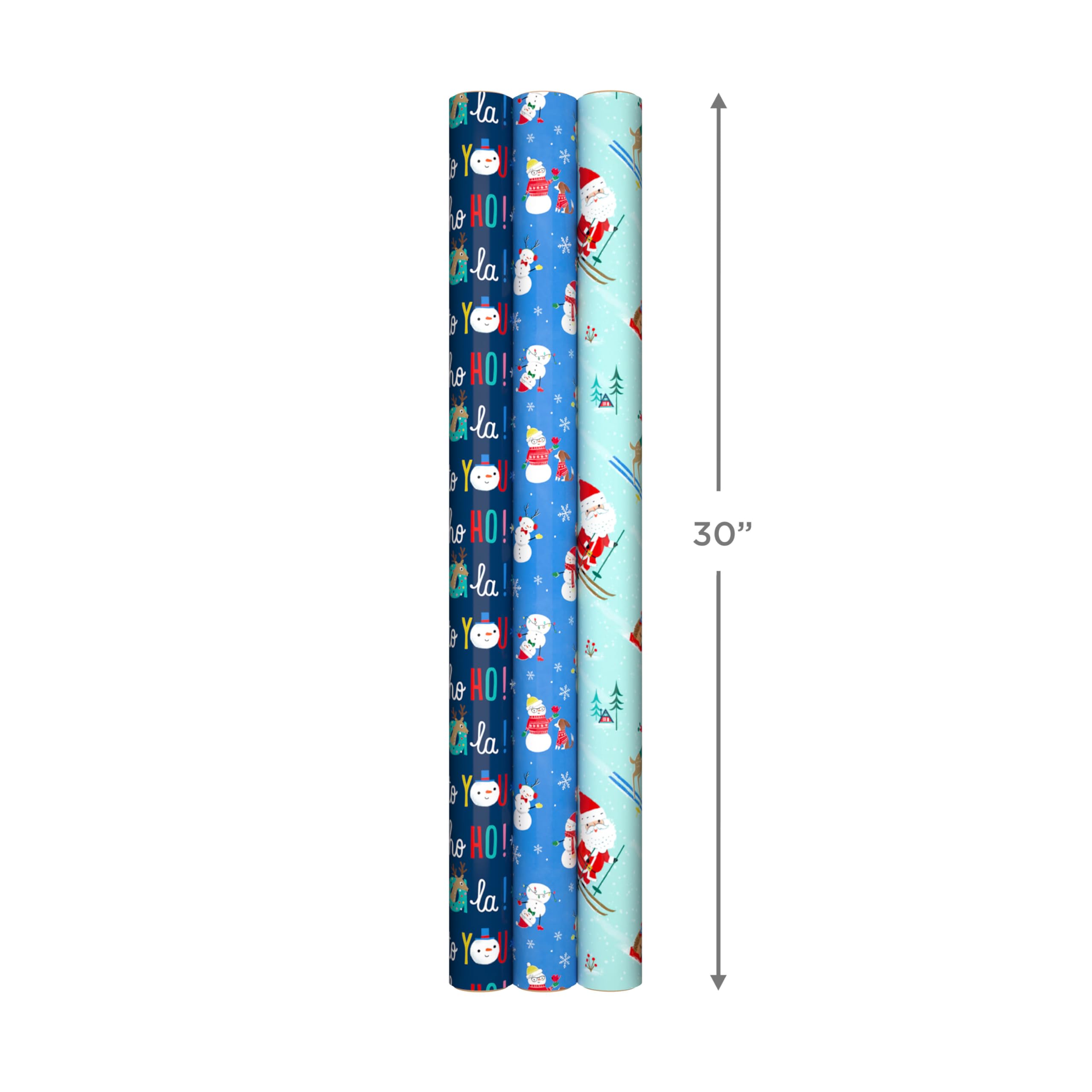 Hallmark Reversible Christmas Wrapping Paper for Kids (3 Rolls: 120 Sq. Ft. Total) Snowmen, Stripes, Trees, Skiing Santa, Zebras, Hedgehogs, Penguins