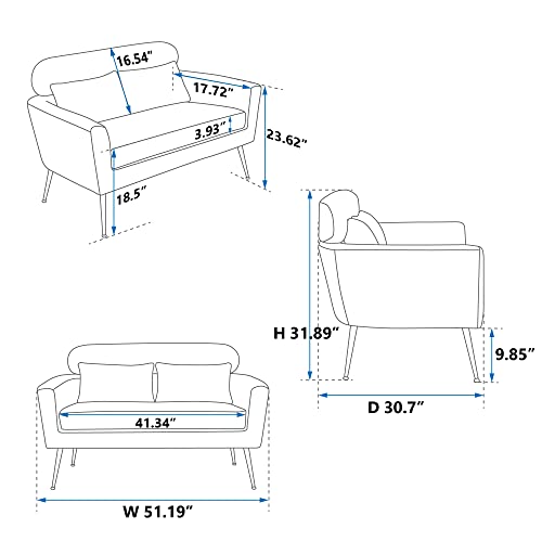HomSof Modern Chenille Loveseat Small Mini Room Couch Two-Seater Sofa with 2 Throw Pillows Gold Metal Legs, Valley Gray/Bronzing Cloth