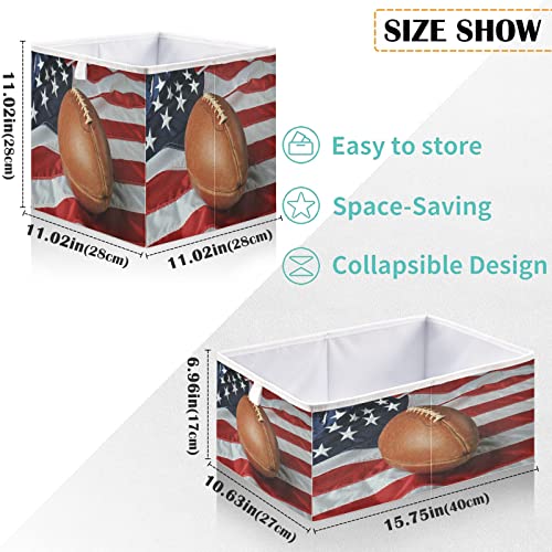 visesunny Closet Baskets Football Usa Flag Storage Bins Fabric Baskets for Organizing Shelves Foldable Storage Cube Bins for Clothes, Toys, Baby Toiletry, Office Supply