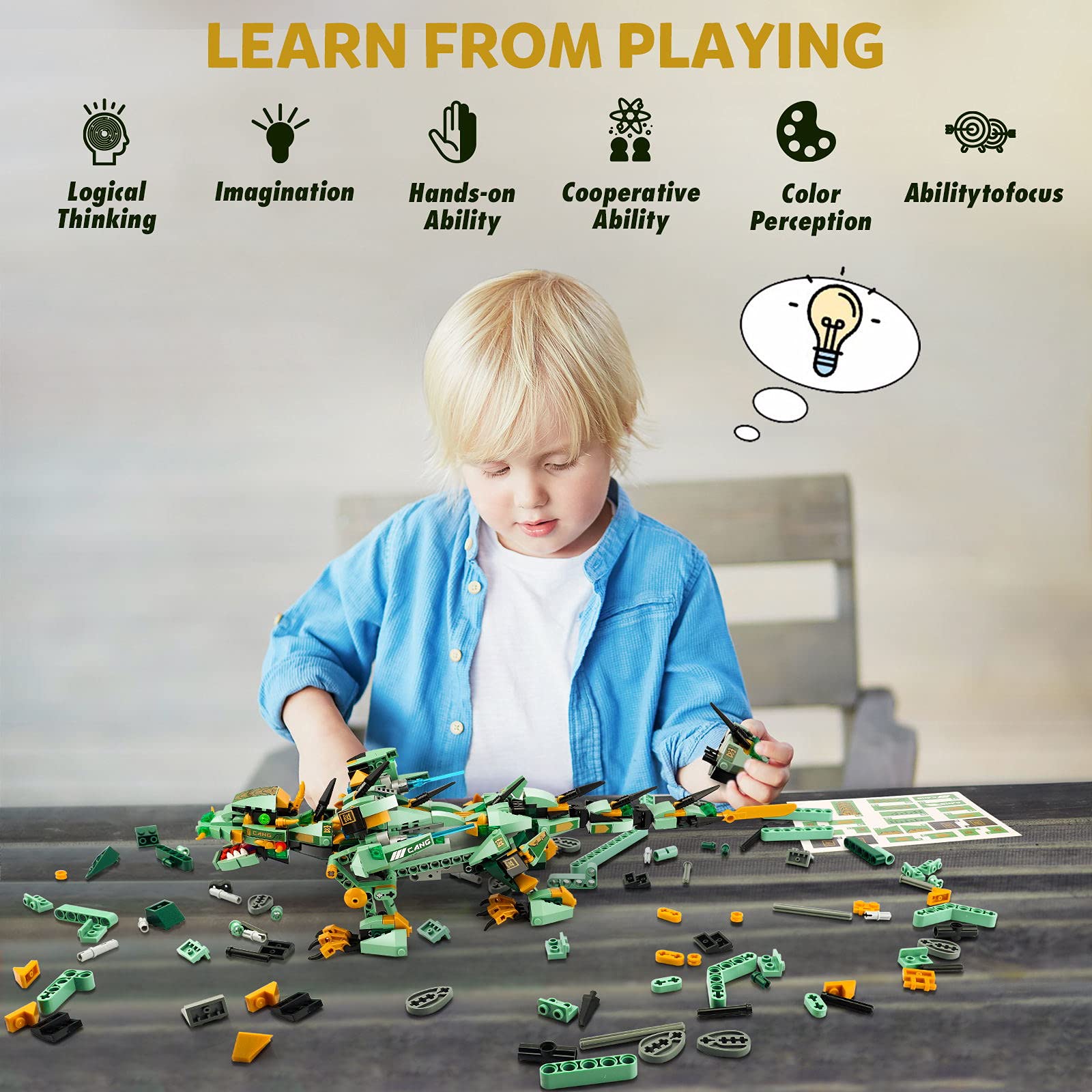 WALARLO Dragon Building Sets, Remote and APP Control Green Ninja Battle Dragon Toy, STEM Toys Gifts for Boys Age 8+, 2023 New (515 Pieces)