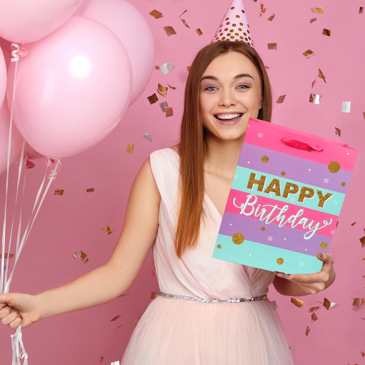 Dimetey 2 Pack 12.6" Large Gift Bag with Tissue Paper and Happy Birthday Card for Birthdays (Pink)