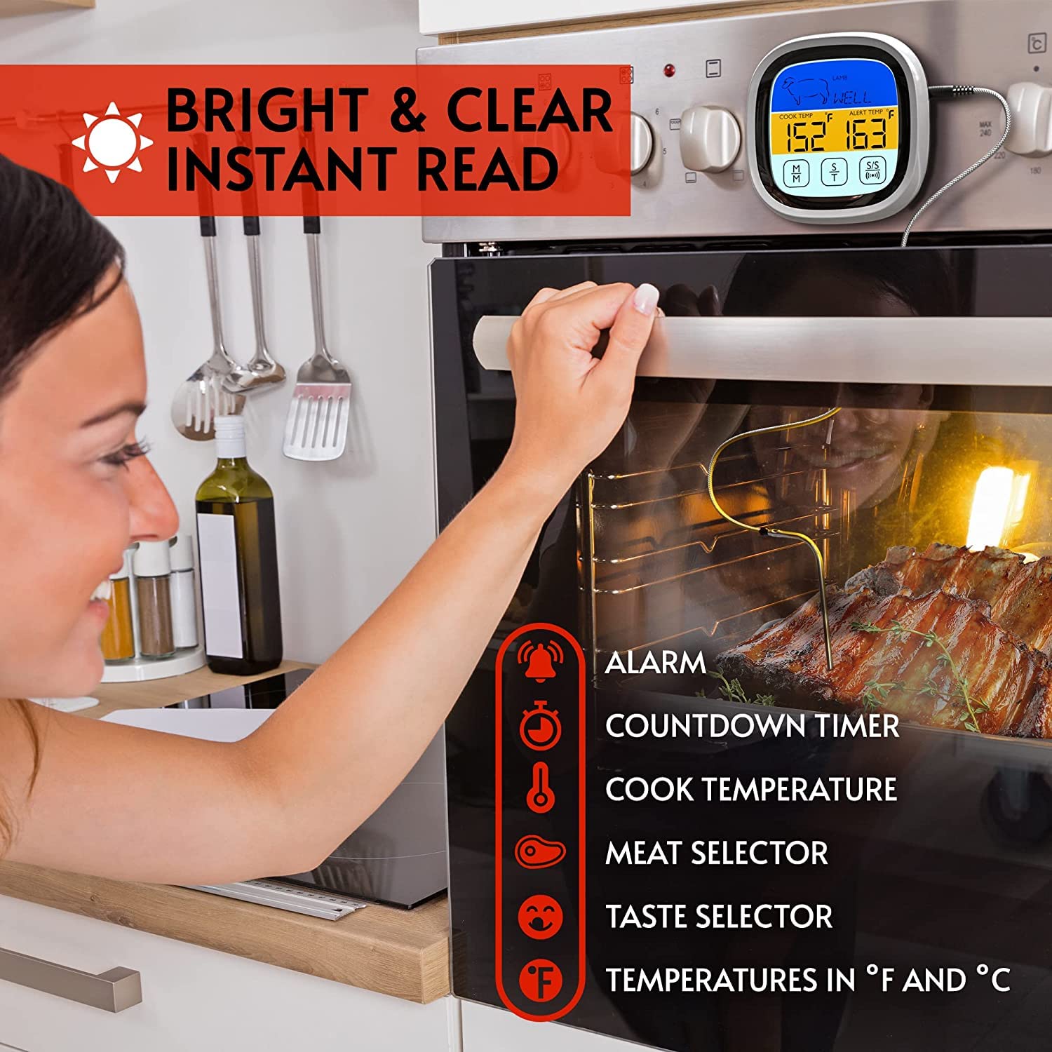Digital Meat Thermometer for Cooking β Precise Meat Thermometer with Probe & Timer Alarm β Instant Meat Thermometer with 6 Cooking Pre-Set Settings & Auto Shutoff for Grilling Baking & Barbecues