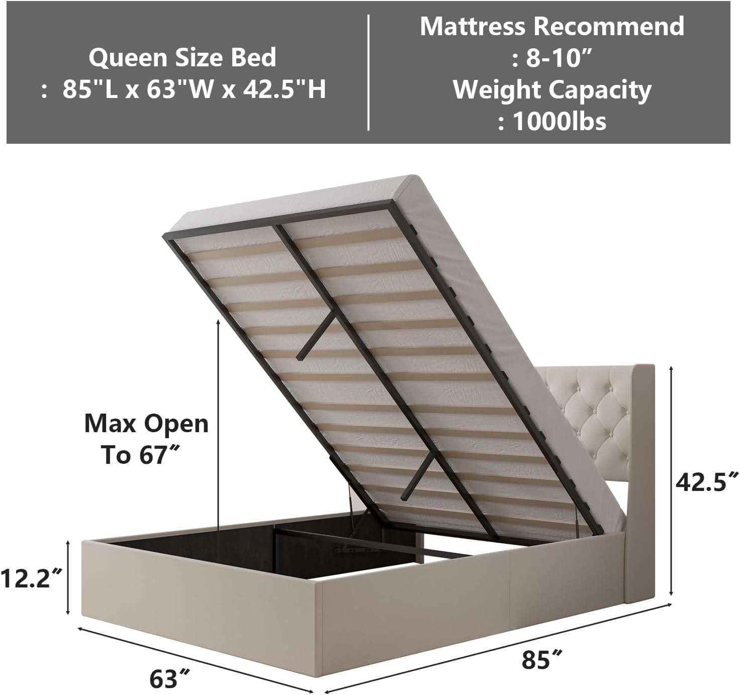 Catrimown Queen Size Lift Up Storage Bed, Upholstered Queen Bed Frame with Storage, Lift Up Storage Bed Queen with Wingback, Hydraulic Storage, Wood Slats Support, No Box Spring Needed