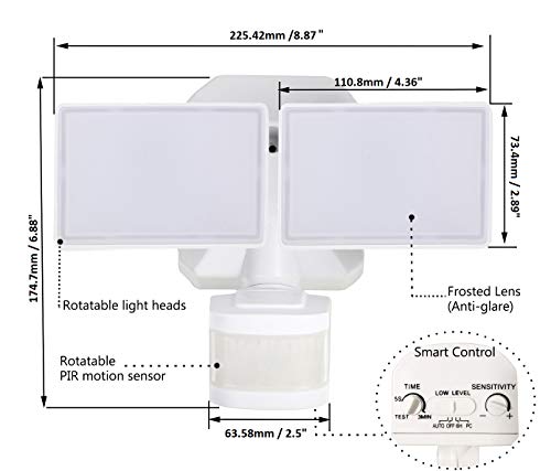 EMANER Dusk-to-Dawn Security Lights with Motion Sensor, 5000K Daylight White, IP65 Waterproof Outdoor, 110V 120V Dual-Head Rotatable LED Flood Light for Porch, Garage, Yard, Driveway