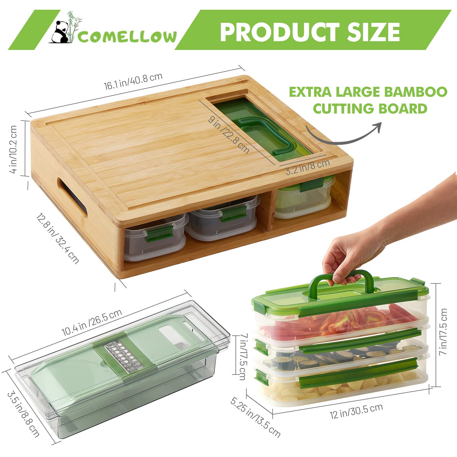COMELLOW Bamboo Cutting Board with Containers - Large Wood Cutting Board with Stackable Containers and Locking Lid - Chopping Board with Built-in Graters - House Warming Kitchen Gifts New Home