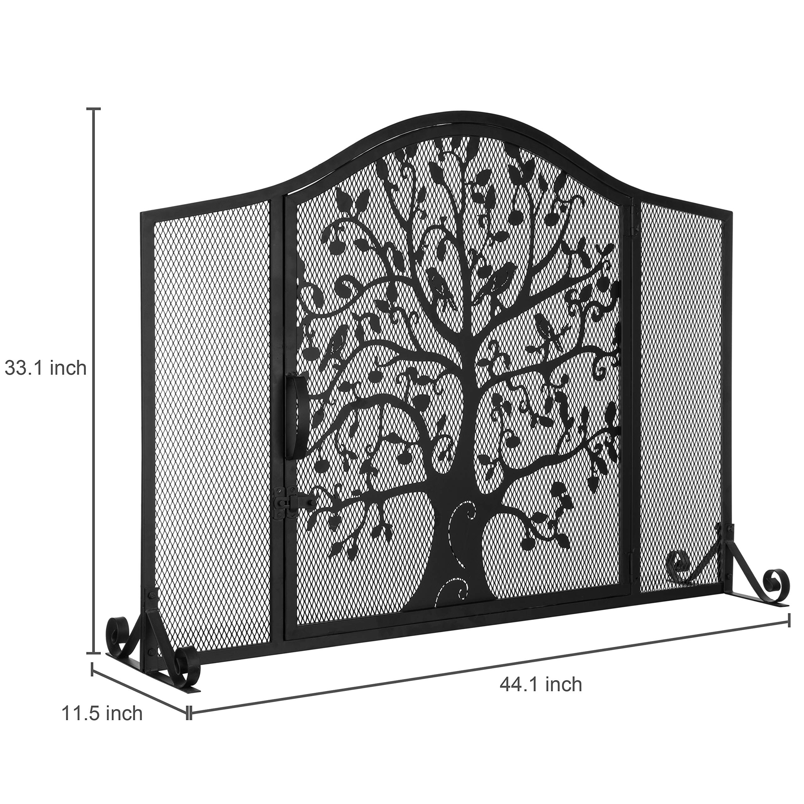 MyGift Black Wrought Iron Fireplace Screen Door with Silhouette Tree & Bird Design