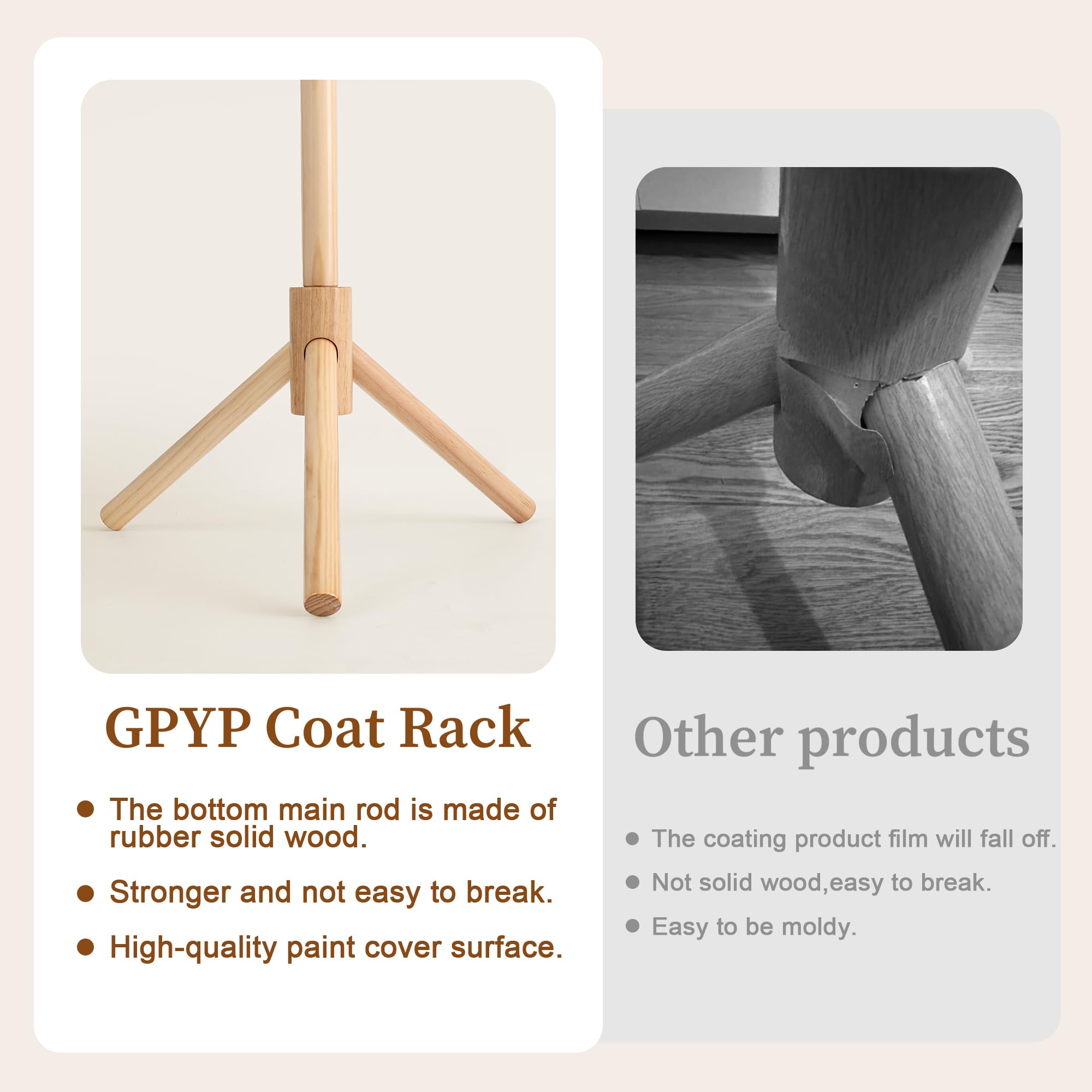 GPYP Wooden Coat Rack Freestanding Adjustable Height modern free standing coat rack tree heavy duty for Hall Way Entryway hanging Clothes Hat Ties Umbrella for Kids (Natural)