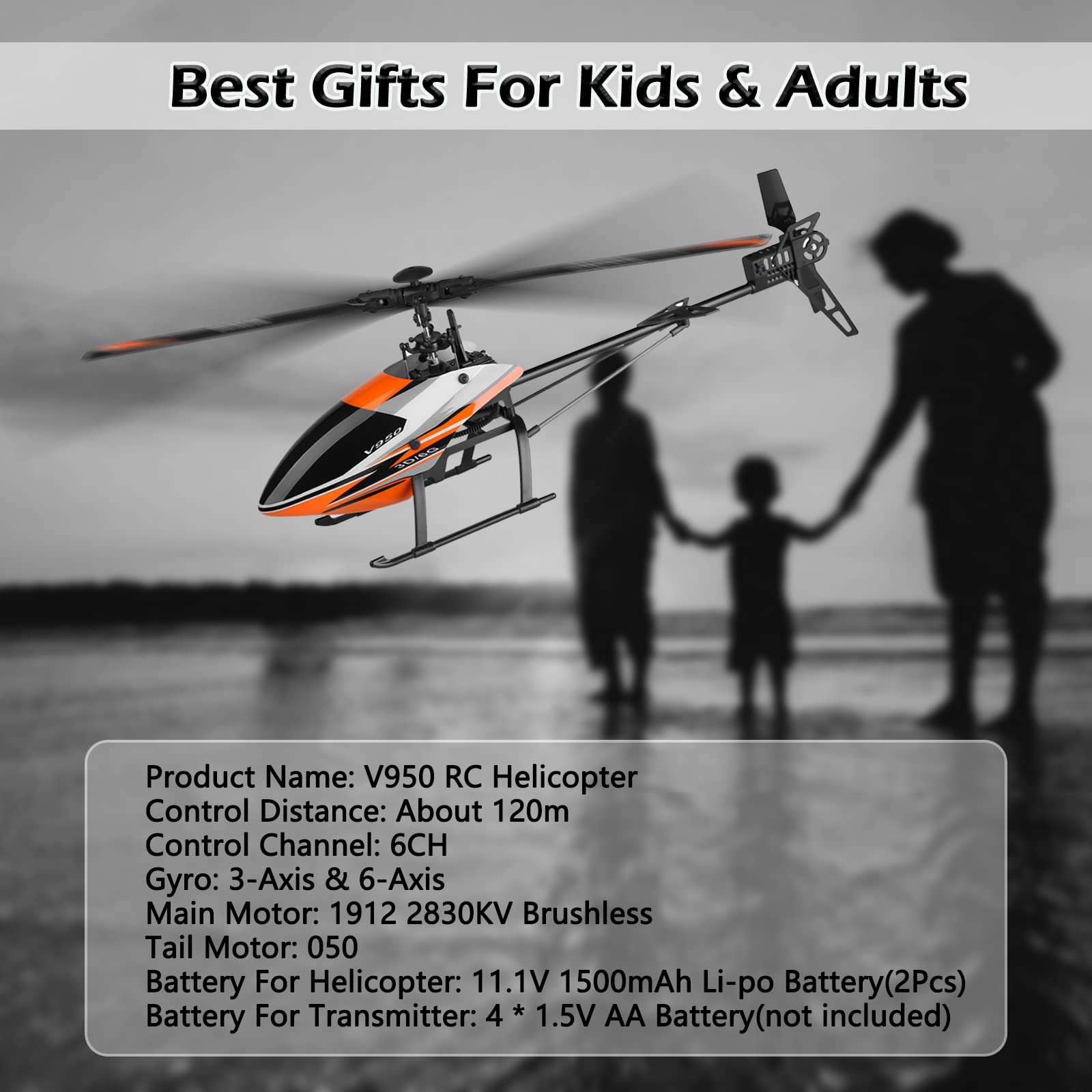 WLtoys V950 Remote Control Helicopter, 6 Channel Brushless RC Helicopters with 3D/6G Mode, 2.4GHz RC Aircraft RTY for Kids, Adults, Beginners, Flybarless