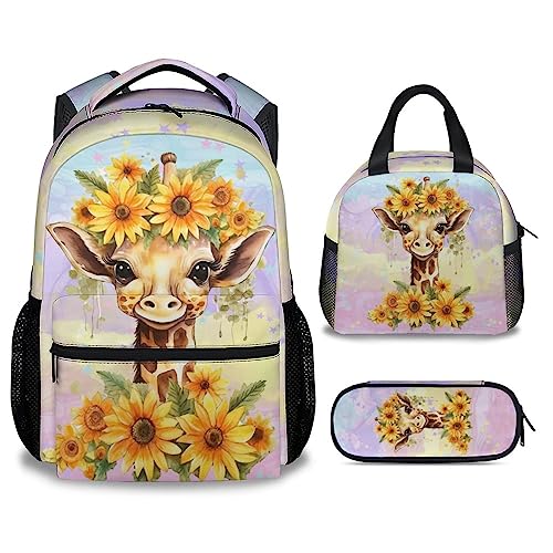 Homexzdiy Giraffe Backpack with Lunch Box Set for Girls Boys, 3 in 1 School Backpacks Matching Combo, Cute Yellow Bookbag and Pencil Case Bundle
