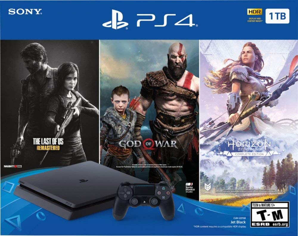 PlayStation 4 Slim 2TB Only on PlayStation Console Bundle | Bundle : God of War Game Voucher,Horizon Zero Dawn: Complete Edition Voucher,The Last of Us Remastered Game | Jet Black