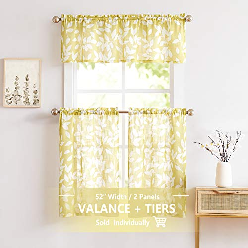 Treatmentex Valance Curtain for Window 15" Leaf Print Kitchen Valances, Mustard Yellow and White, 52" w 1 Panel