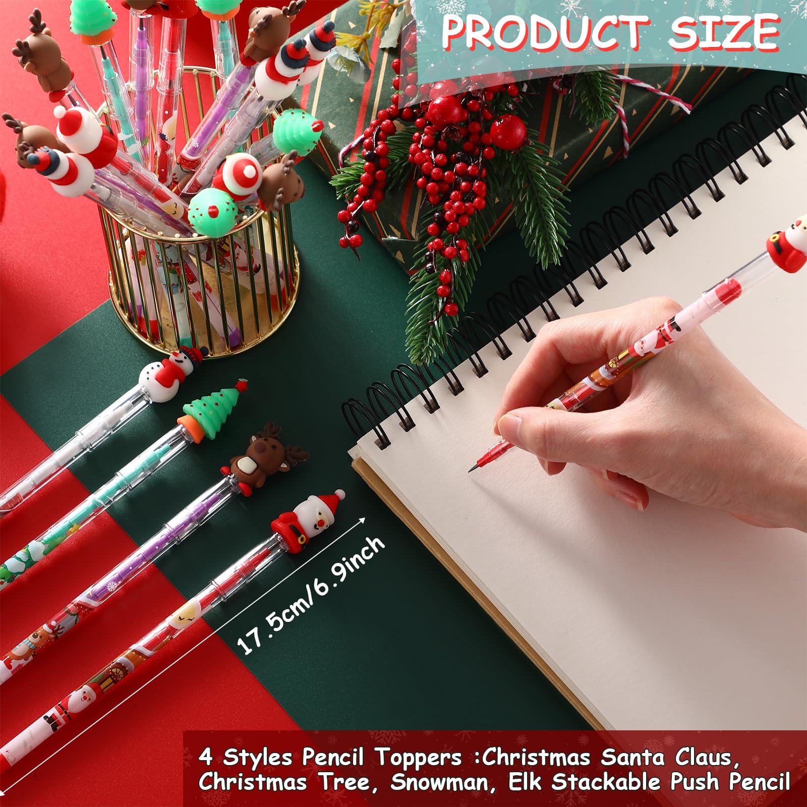 Christmas Multi Point Stackable Push Pencil with Christmas Santa Claus, Christmas Tree, Snowman, Elk for Kids Classroom Rewards, Christmas Favors Prize Stuffers (24 Pieces)