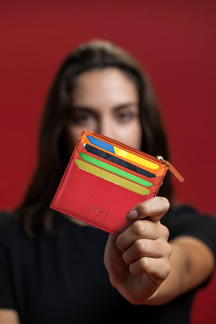 skyle Women secure Card Holder Wallet| Zipper Coin Pocket |Minimalist Mini Purse| RFID protection| 8 Credit Card Slots| Genuine Leather