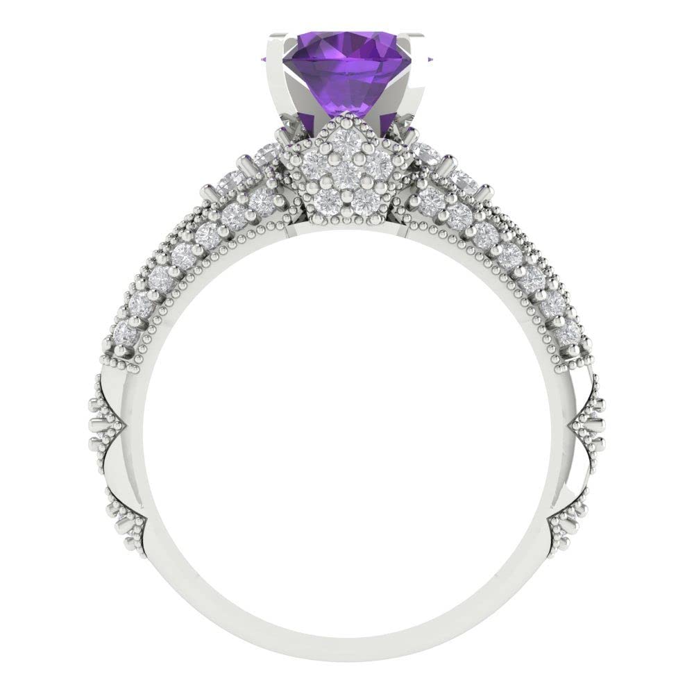 Clara Pucci 2.04ct Round cut Laser Engraving Pave Solitaire Natural Amethyst Engagement Anniversary Ring band set 14k White Gold Size 9