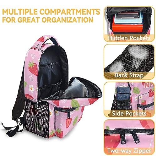 Homexzdiy Personalized Strawberry Backpack with Lunch Box Set for Girls, Custom 3 in 1 School Backpacks Matching Combo, Cute Pink Bookbag and Pencil Case Bundle