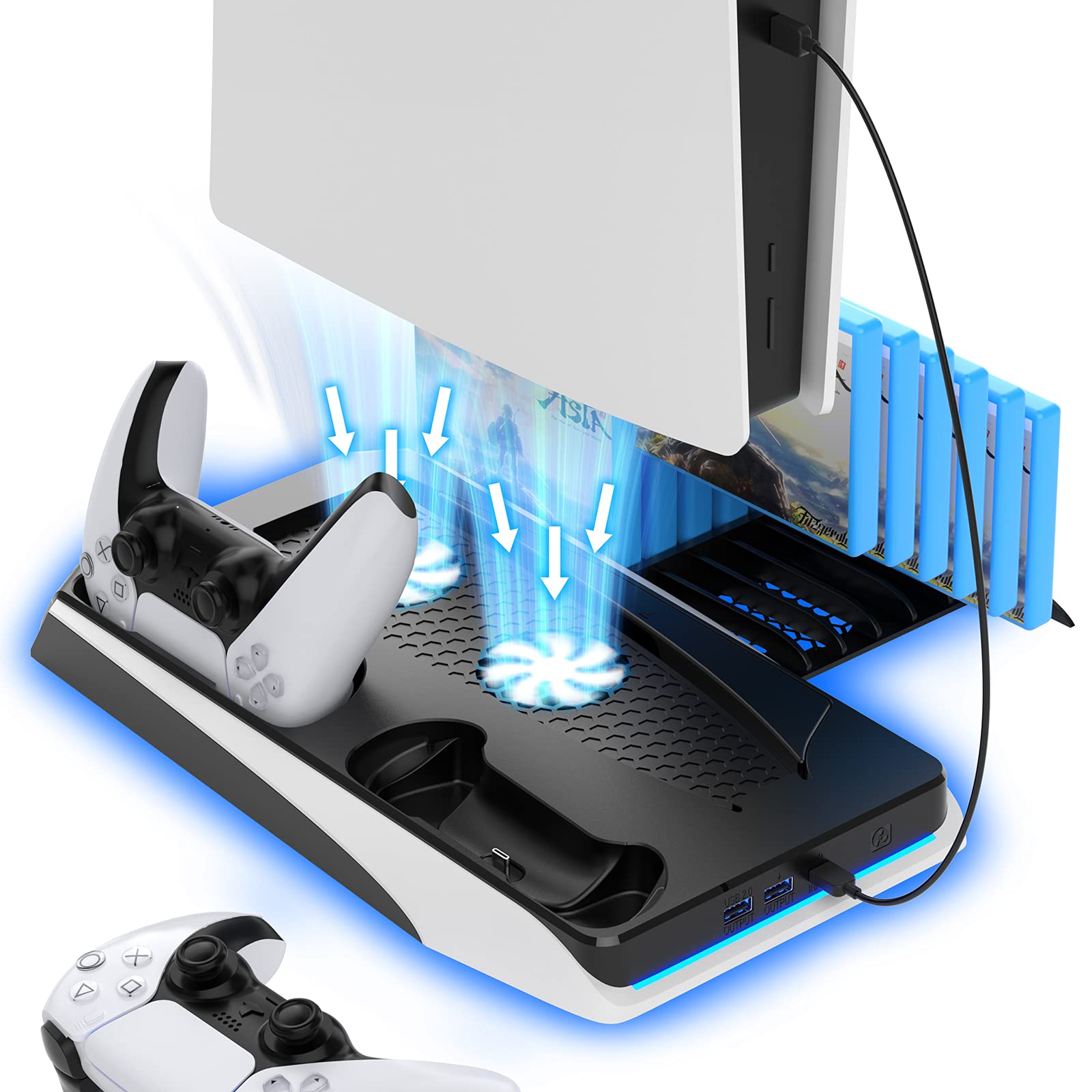 CYBERMIX PS5 Vertical Stand with Cooling Fans and Dual Controller Charger Station Compatible with Playstation 5 Disc & Digital Editions, Built-in 12 Game Storage, White+Black