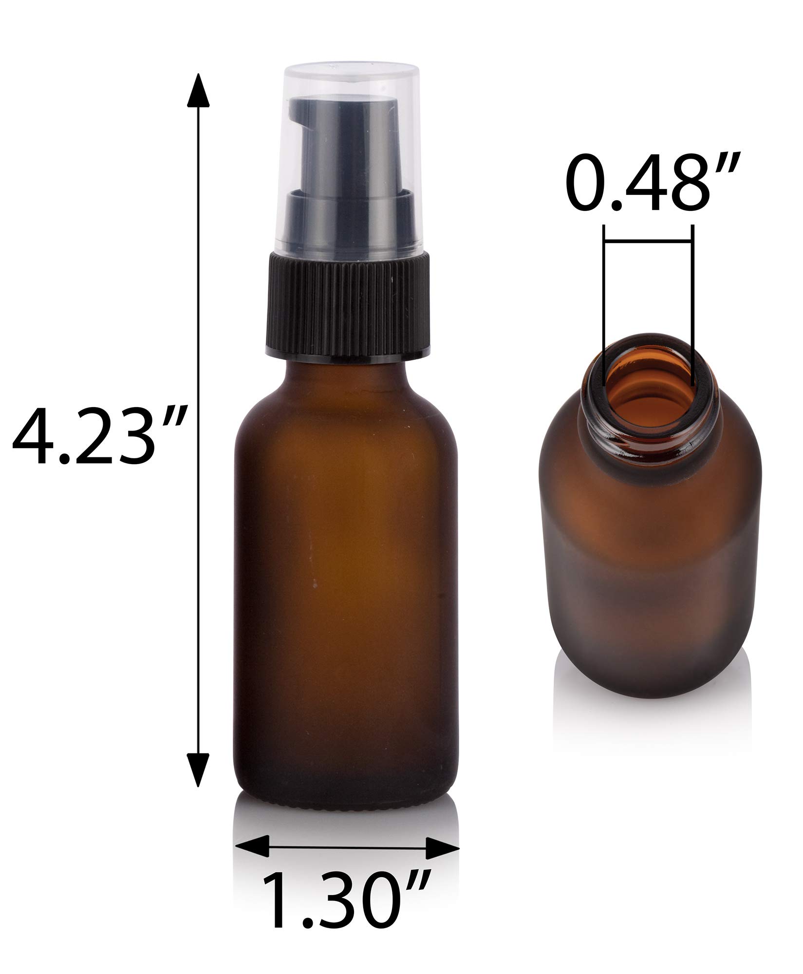 JUVITUS 1 oz / 30 ml Frosted Amber Glass Boston Round Bottle with Black Treatment Pump (12 pack) + Funnel