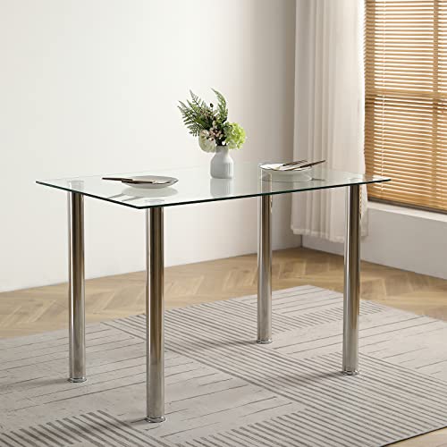 Karl home Modern Tempered Glass Dining Table, Kitchen & Dining Room Glass Tables with 4 Heavy-Duty Metal Legs, 200lbs Capacity, 43.3" L x 27.6" W x 28.9" H (Glass)
