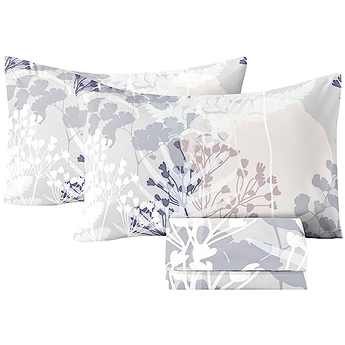 HCORA Queen Sheet Set - Plant Print - Luxury 1800 Brushed Microfiber Bed Sheets - Breathable Cooling Sheets for Queen Size Bed - 16" Deep Pocket, Extra Soft, Shrinkage, and Fade Resistant - 4 PC