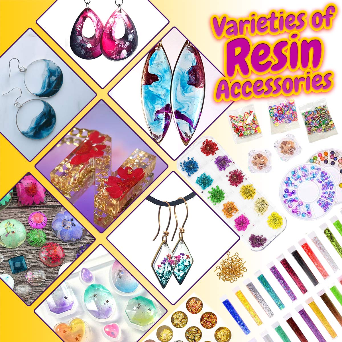 Catcrafter Resin Decoration Accessories Art Kit - All in One Package Resin Molds Silicone Kit Bundle Jewelry Making Supplies for Beginners with Dried Flowers Craft Glitter Nail Gems DIY