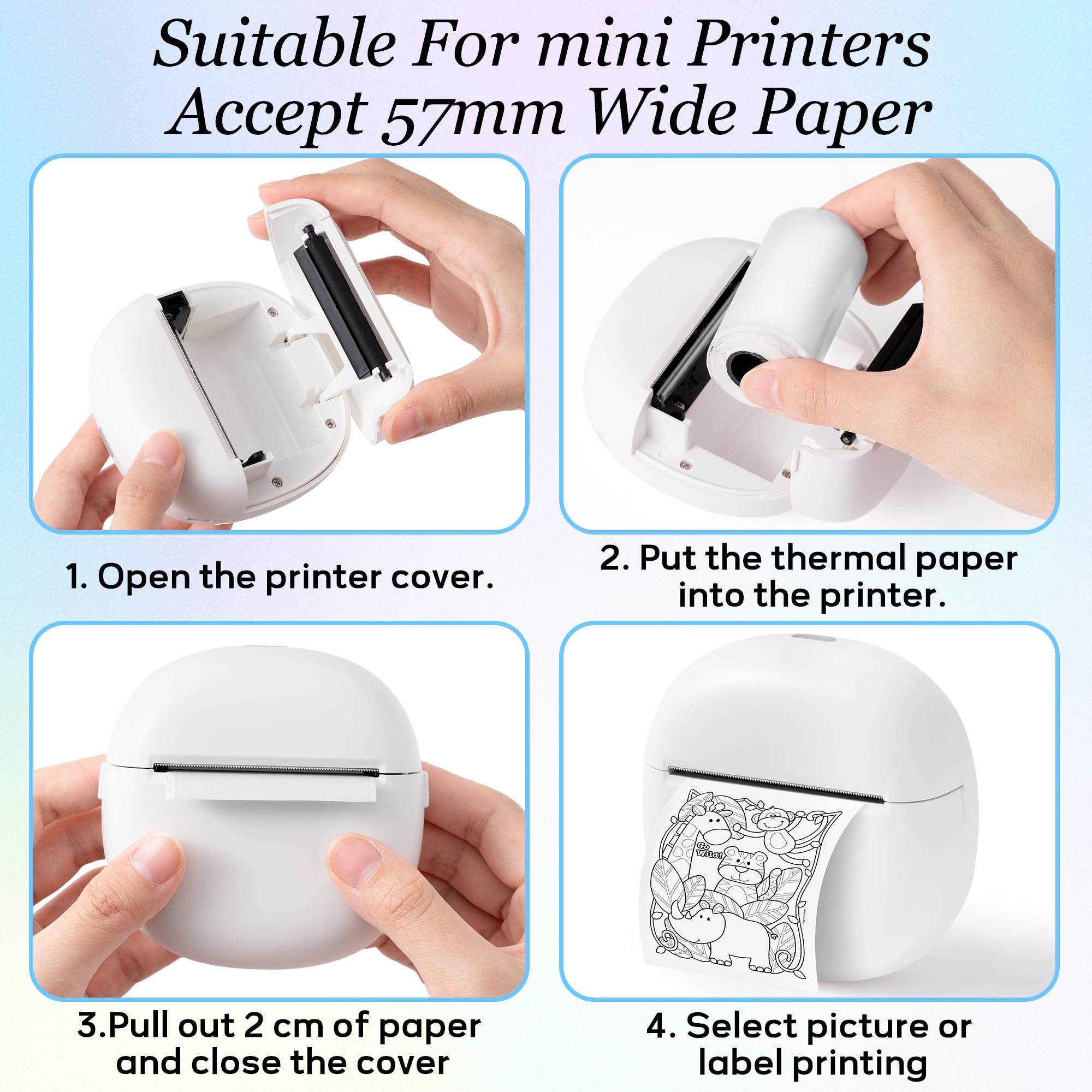 GQIRIL Thermal Printer Sticker Paper - 5 Rolls White Mini Printable Sticker Paper, Adhesive Printing Paper Rolls for Mini Portable Printer, 56 x 25 mm Thermal Print Stickers for Label Photo List Note