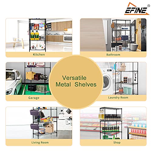 EFINE 4-Shelf Shelving Unit with 8 Hooks, Adjustable, Carbon Steel Wire Shelves, 150lbs Loading Capacity Per Shelf, Units and Storage for Kitchen Garage (23.6W x 14D 47H) Black, S100-4B, 1-Pack