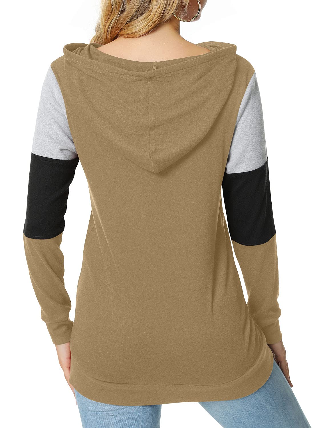 CATHY Women's Casual Drawstring Pullover Tunic Top Long Sleeve Color Block Hoodie Sweatshirts With Pocket, XXL, Shallow Khaki