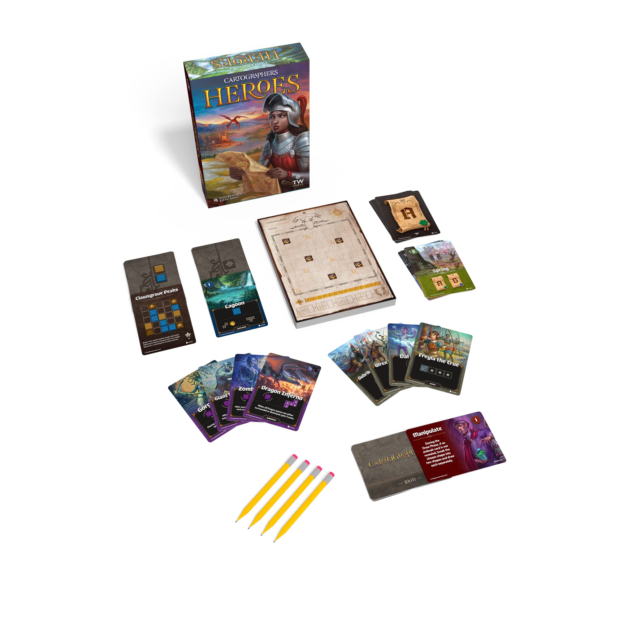 Thunderworks Games - Cartographers Heroes | Standalone Expansion and Core Game | Award-Winning Game of Fantasy Map Drawing | A Roll Player Tale | Strategy Board Game | Flip and Write | Ages 10+