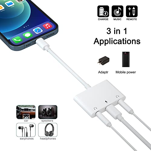 FEINODI Dual 3.5mm iPhone Headphone Splitter, 3 in 1 iPhone Adapter for Headphone Jack, with Charging iPhone Splitter, Compatible with iPhone 13/12/11/X/8/8plus/7/7plus/iPad-Support iOS 15