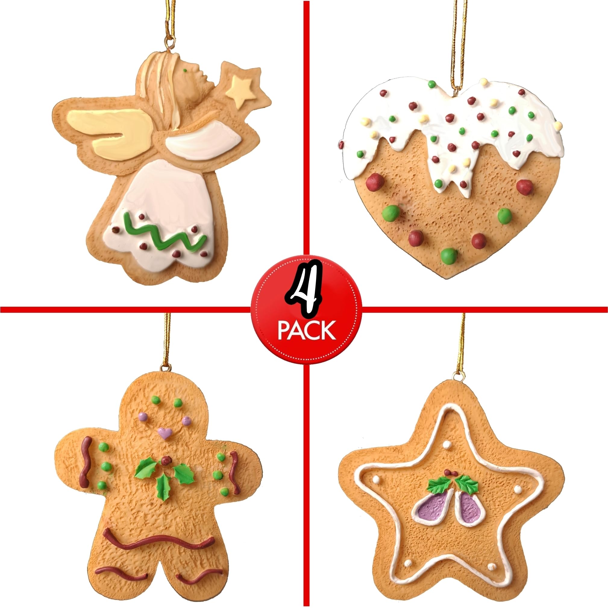 Christmas Ornament 4 piece Set, Festive Clay Decorations for Tree, Man, Boy, Girl, Star, Heart, Angel, and Frosted Gingerbread Cookie Designs - Rustic Shatterproof Classic Tree Decorations
